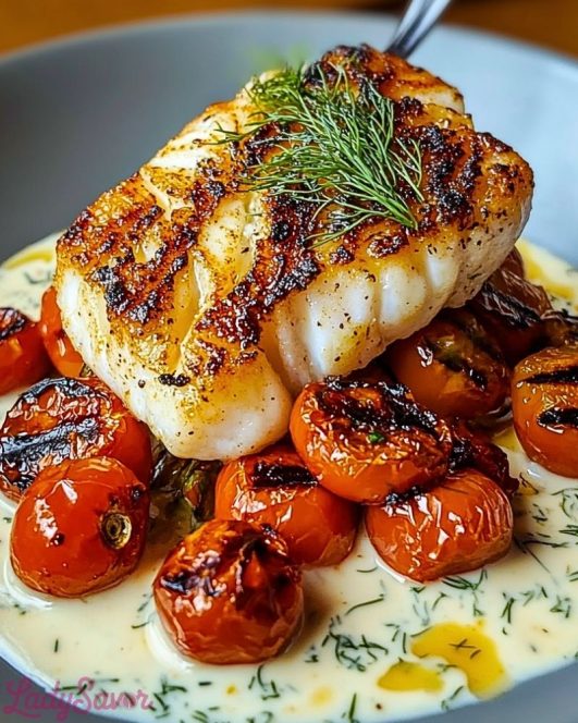 Grilled Cod With Roasted Tomatoes & Creamy Dill Sauce