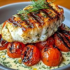Grilled Cod With Roasted Tomatoes & Creamy Dill Sauce