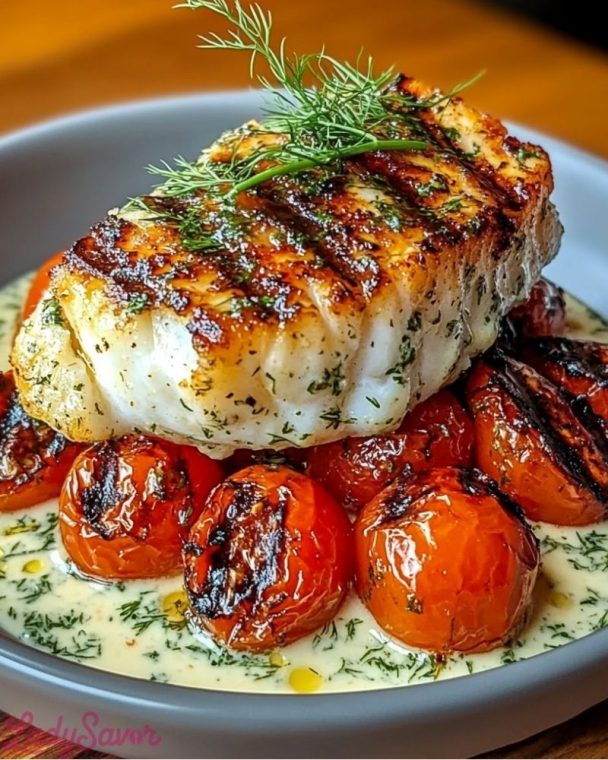 Grilled Cod With Roasted Tomatoes & Creamy Dill Sauce