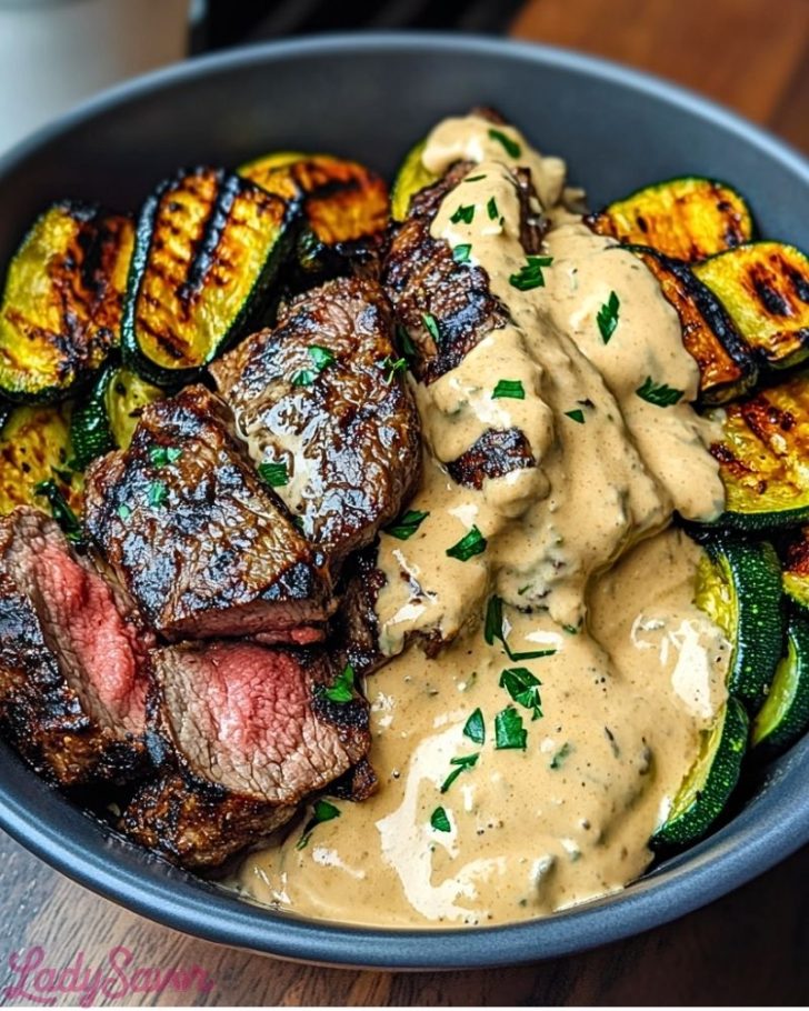 Grilled Steak Bowl With Creamy Sauce & Grilled Zucchini