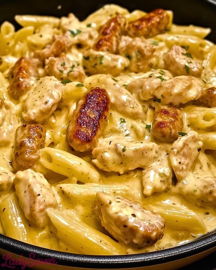 One-Pan Creamy Cheddar Sausage Ranch Chicken Pasta