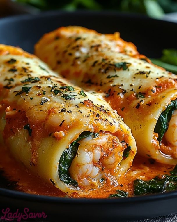 Shrimp & Spinach Stuffed Pasta Rolls With Roasted Red Pepper Cream