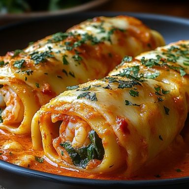 Shrimp & Spinach Stuffed Pasta Rolls With Roasted Red Pepper Cream