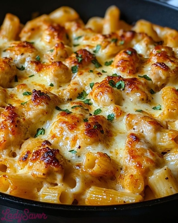 Spicy Smoky Mozzarella Chicken Alfredo Pasta Skillet