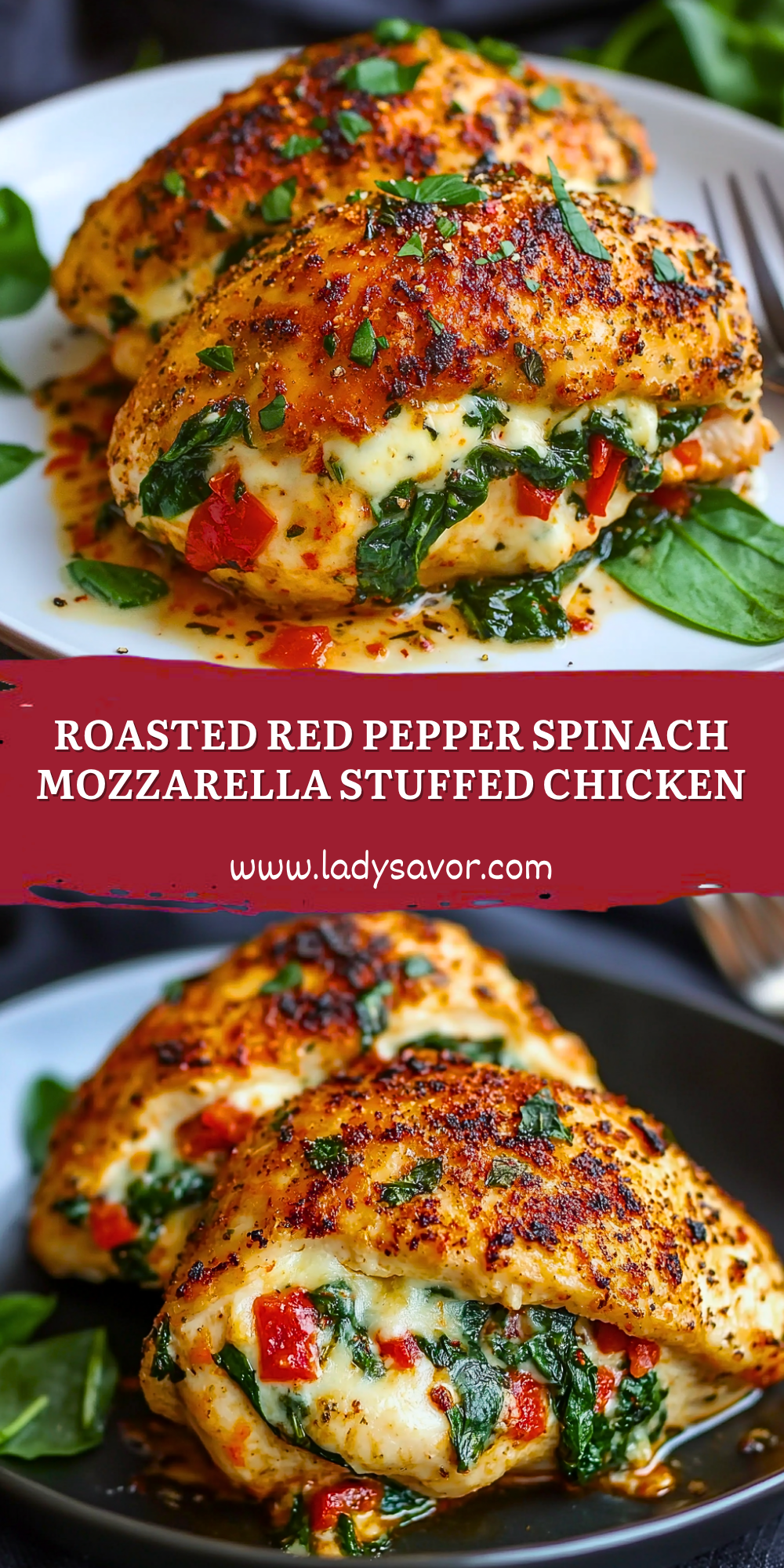 Roasted Red Pepper Spinach Mozzarella Stuffed Chicken