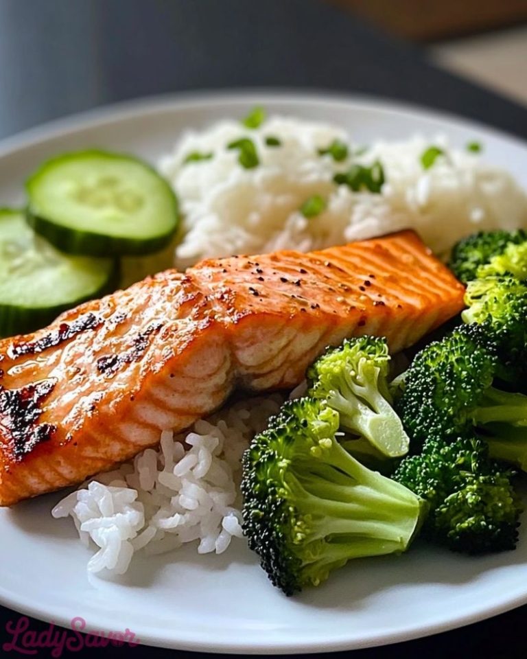 Salmon Broccoli Rice Cucumber Plate