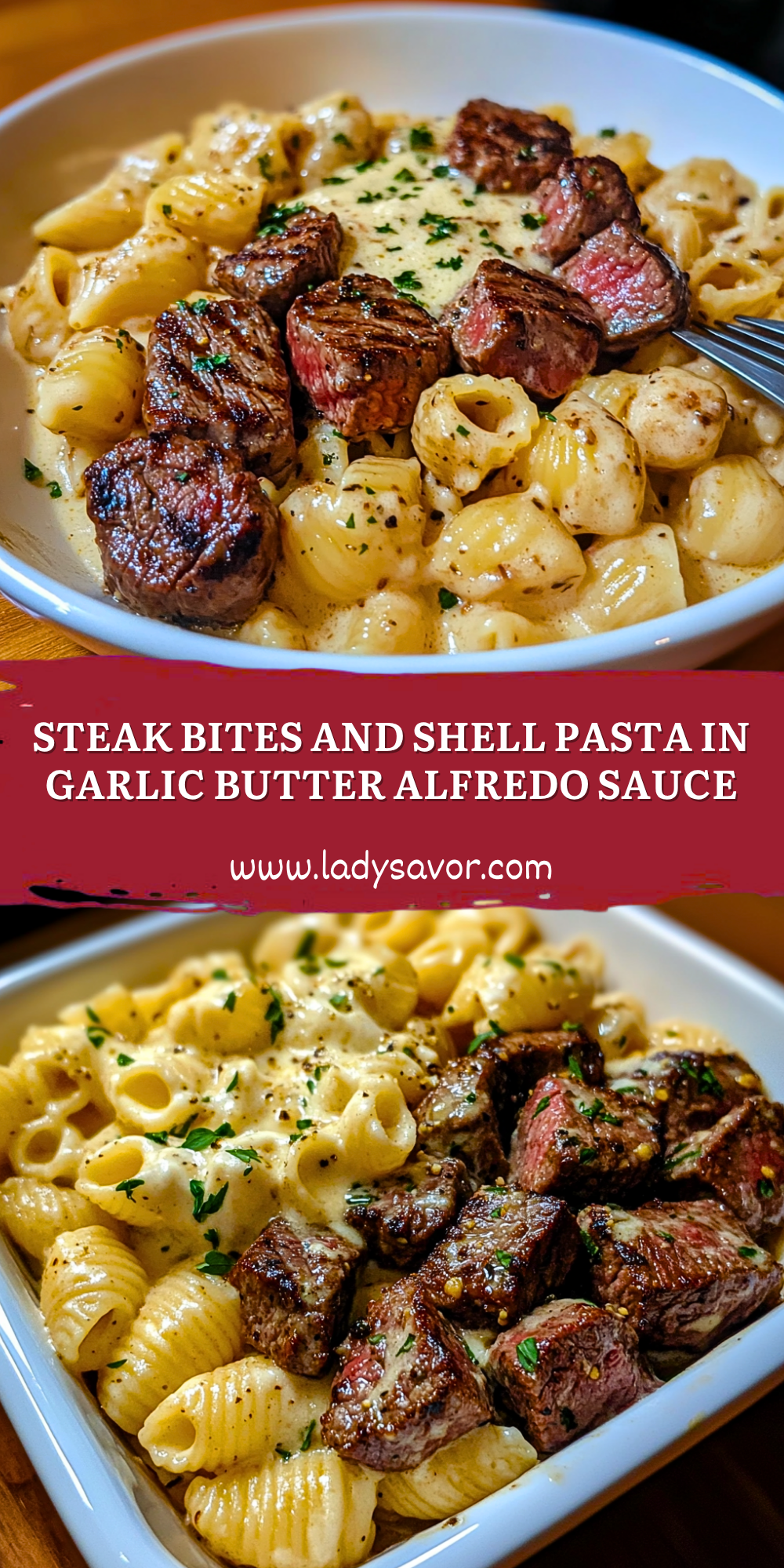 Steak Bites And Shell Pasta In Garlic Butter Alfredo Sauce