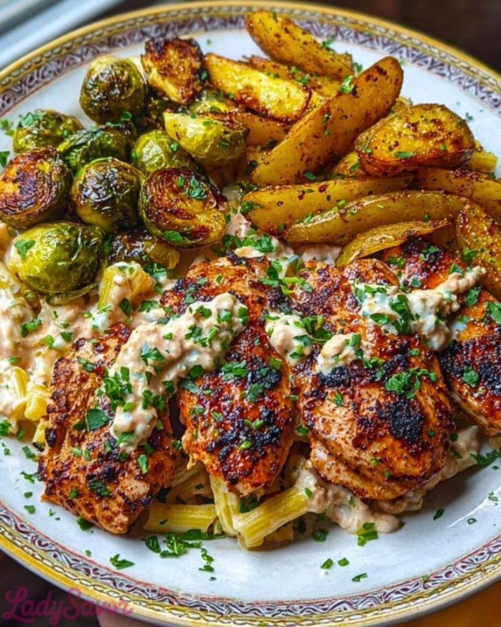 Smoked Paprika Chicken Alfredo With Feta-Tahini Cream & Crispy Brussels ...
