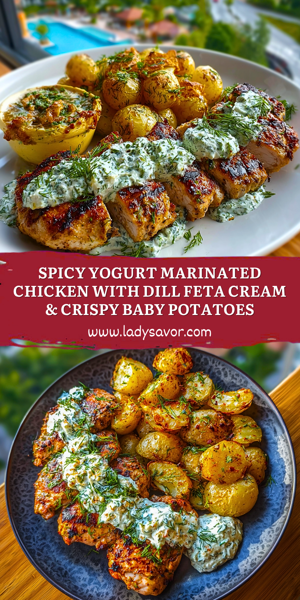 Spicy Yogurt Marinated Chicken With Dill Feta Cream & Crispy Baby Potatoes