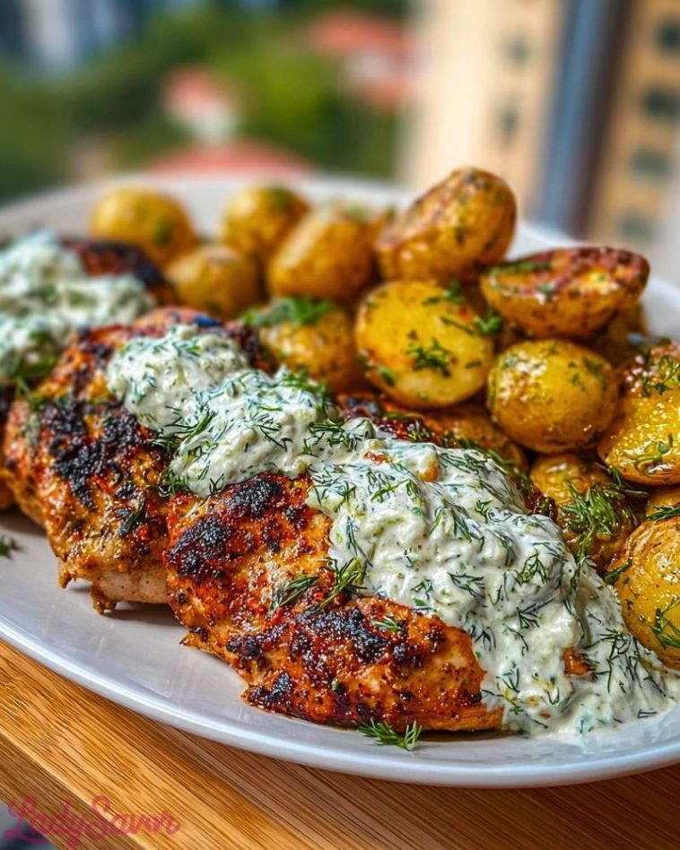 Spicy Yogurt Marinated Chicken With Dill Feta Cream & Crispy Baby Potatoes