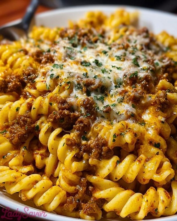 Garlic Twisted Pasta With Cajun Ground Beef And Alfredo Velveeta