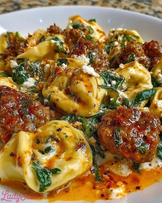 Garlic Butter Beef Tortellini With Italian Sausage & Spinach