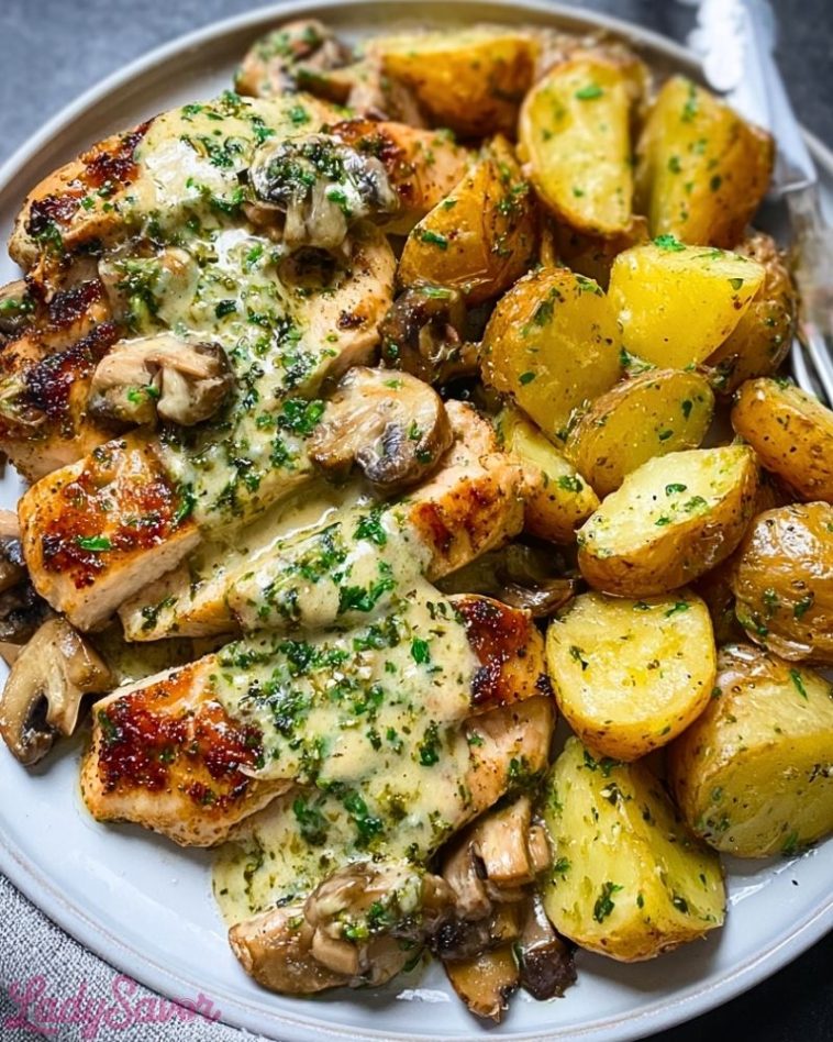 Creamy Garlic Mushroom Alfredo Chicken & Potatoes With Basil Pesto