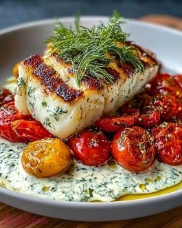 Easy Grilled Cod Recipe With Roasted Tomatoes & Creamy Dill Sauce