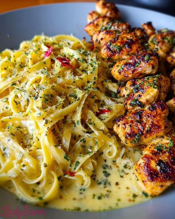 Golden Garlic Butter Chicken With Creamy Parmesan Linguine