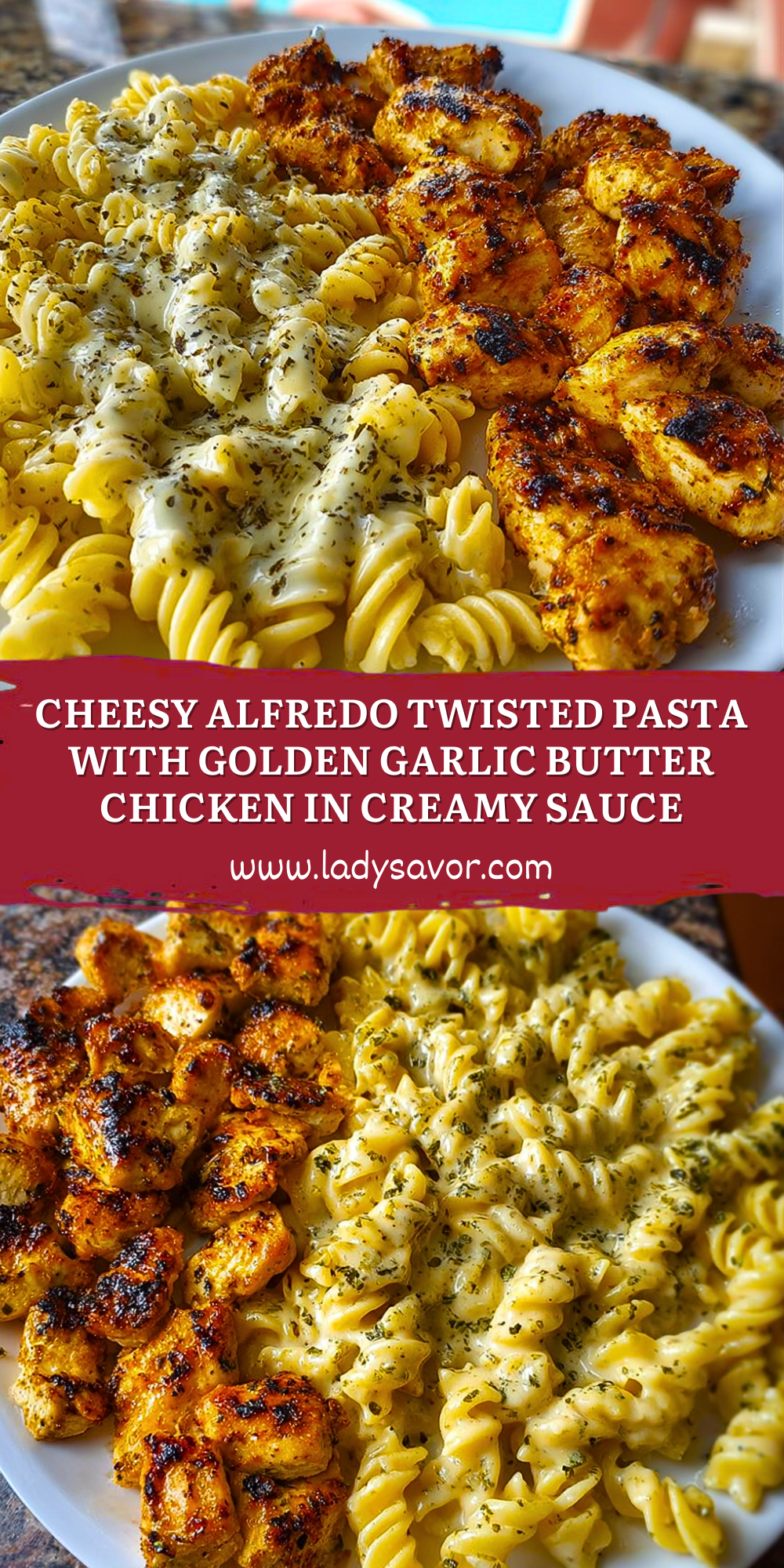 Alfredo Twisted Pasta With Golden Garlic Butter Chicken In Sauce