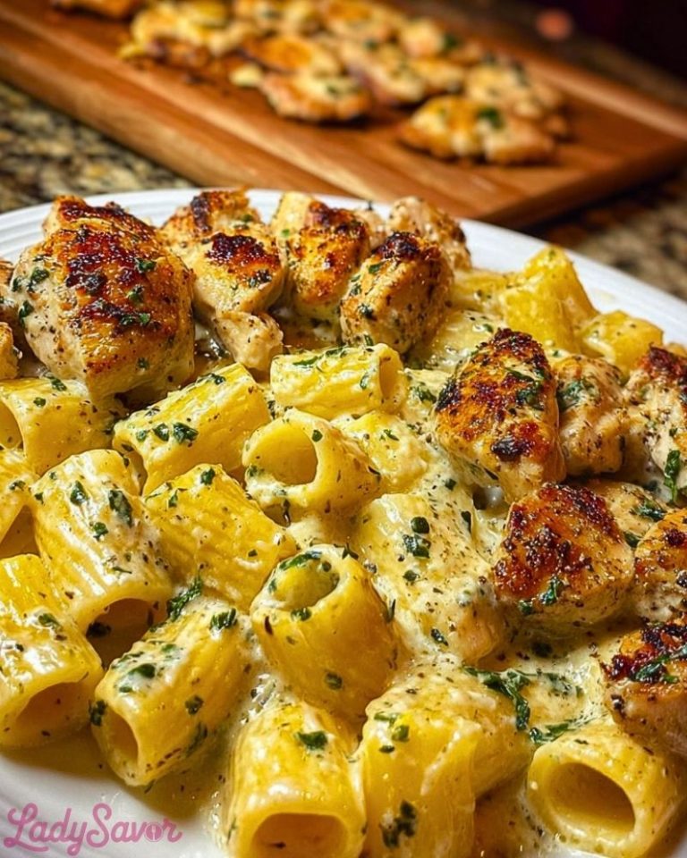 Garlic Butter Chicken Rigatoni In Alfredo Sauce