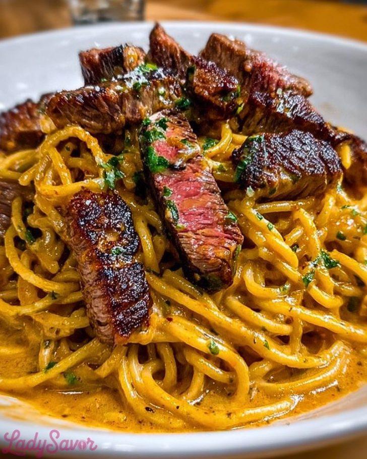 Creamy Cajun Garlic Butter Spaghetti With Beef Strips