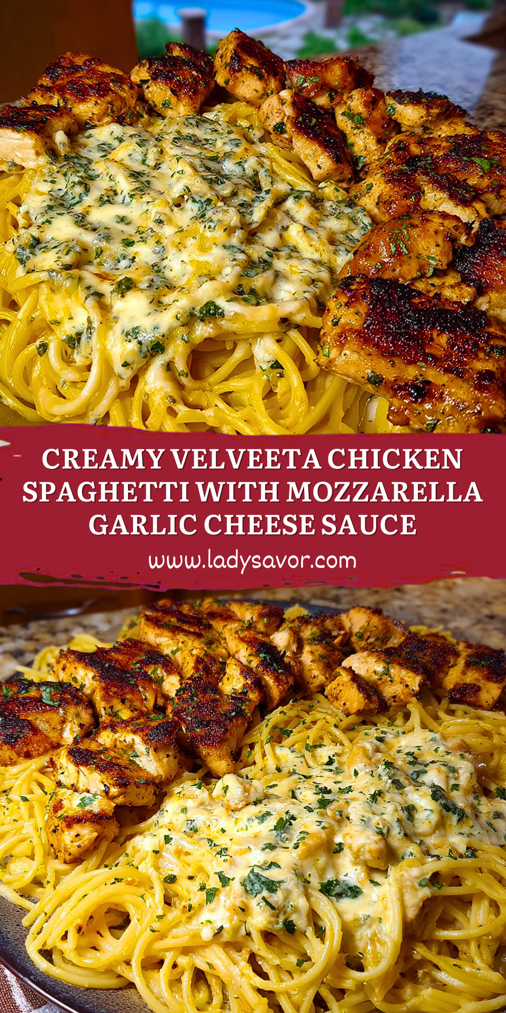 Creamy Velveeta Chicken Spaghetti With Mozzarella Garlic Cheese Sauce