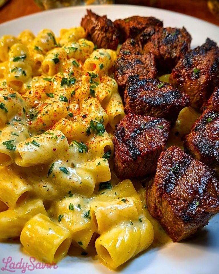 Rigatoni In Garlic Butter Parmesan Cream Sauce With Cajun Steak Tips